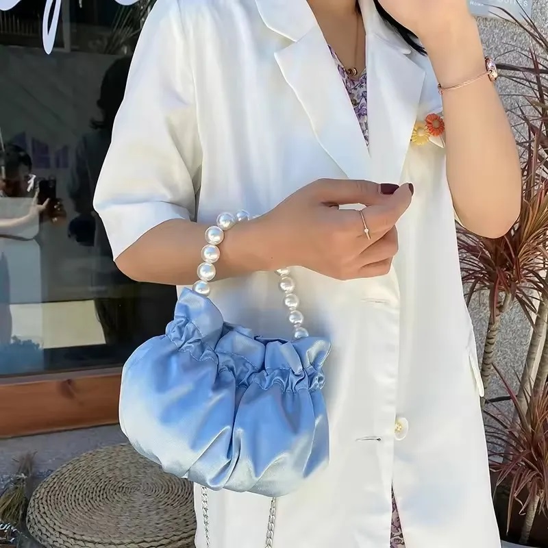 Satin White Pearl Chain Dumpling Shoulder Bag for Girls Stylish Handbag ...
