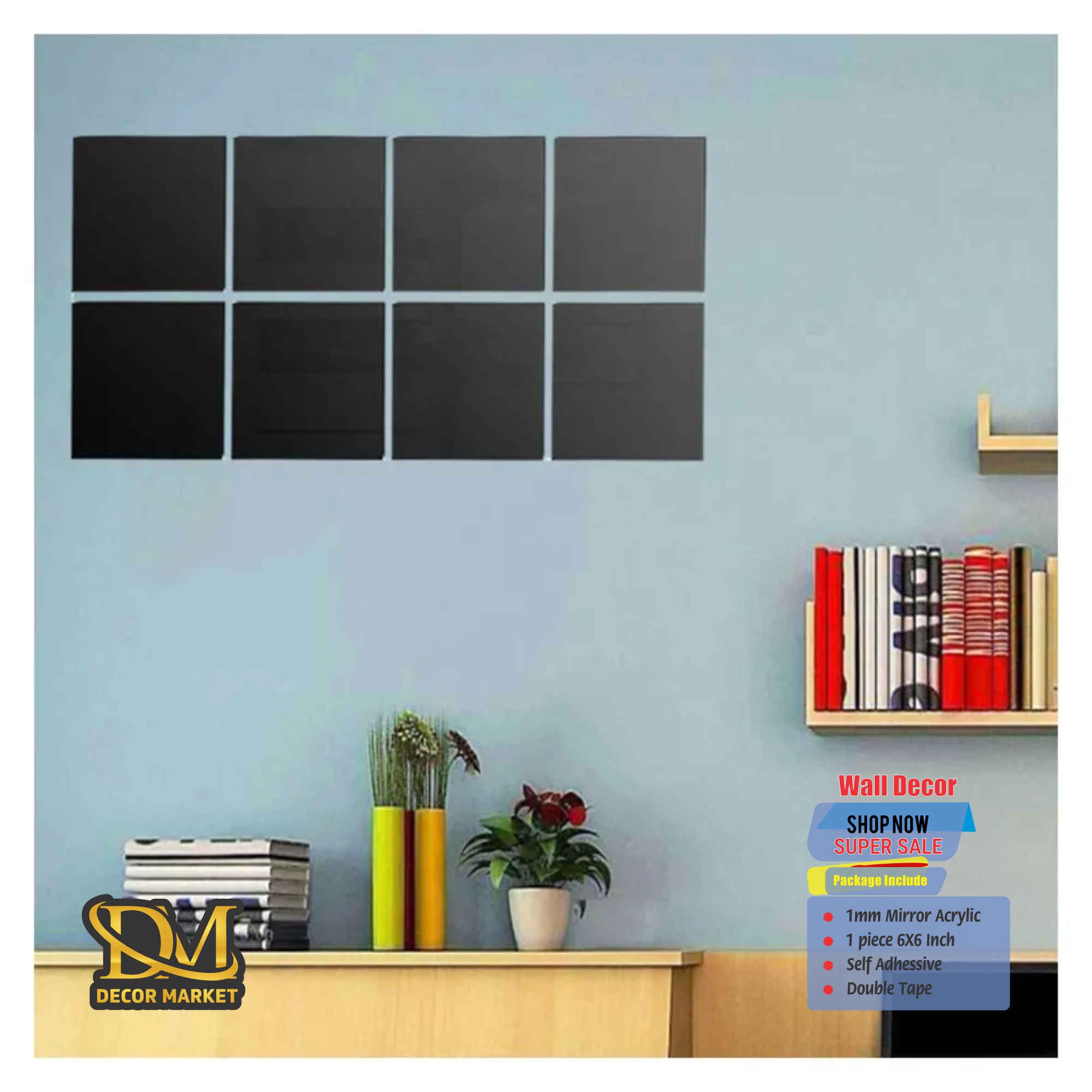 Square Shape 3D Decorative Wall Mirror For Living Room Bedroom Self ...