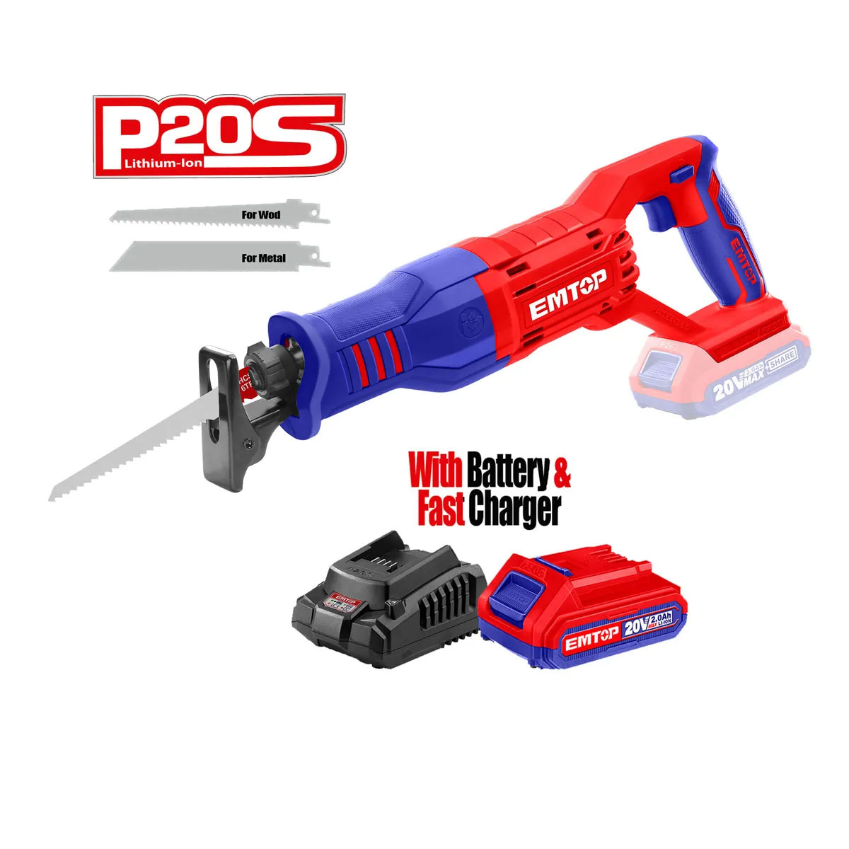 EMTOP 20V Lithium-Ion Cordless Reciprocating Saw with Battery & Charger ...