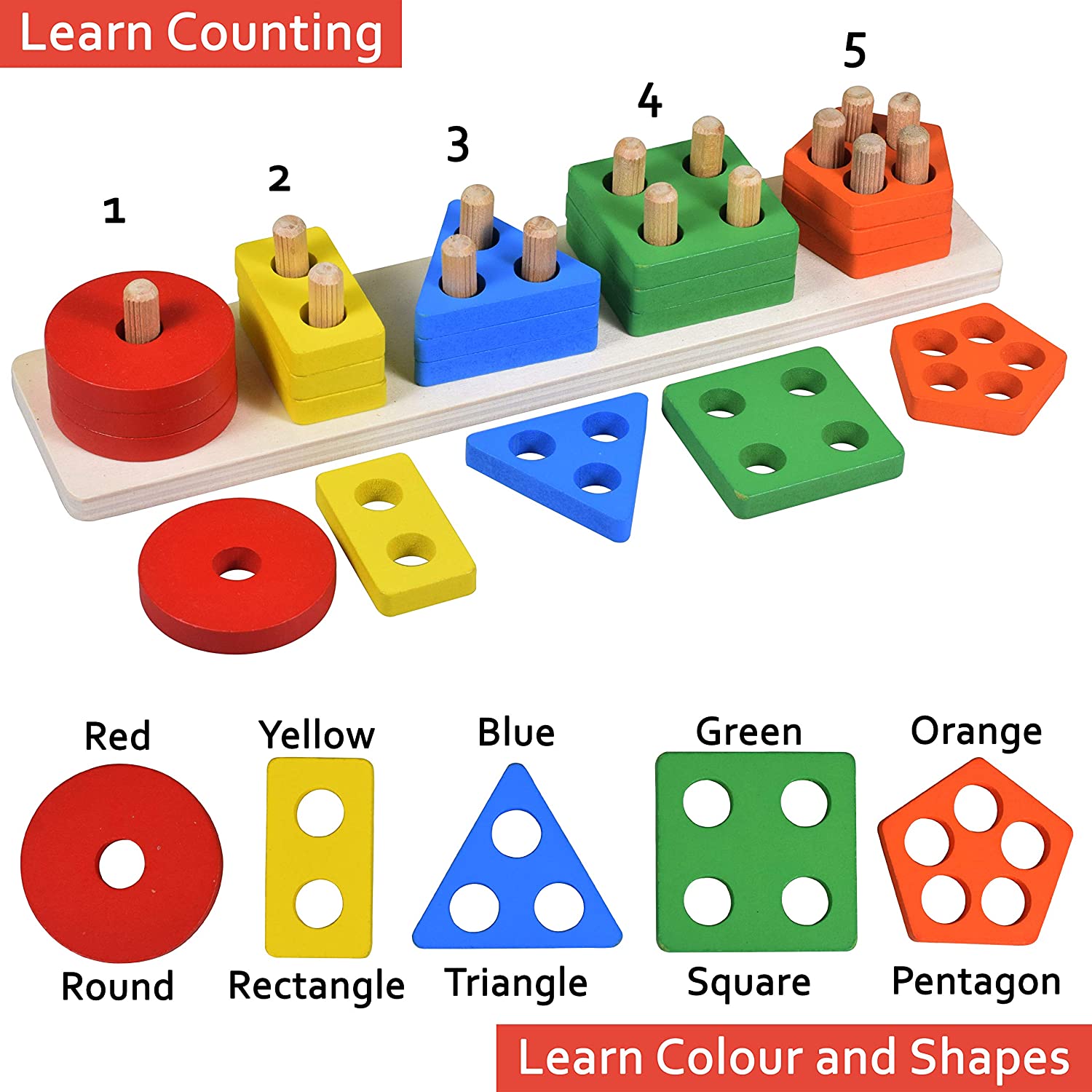 Wooden Geometric Shape Sorter for toddlers (5 Shape-21 Pcs Set & 4 ...