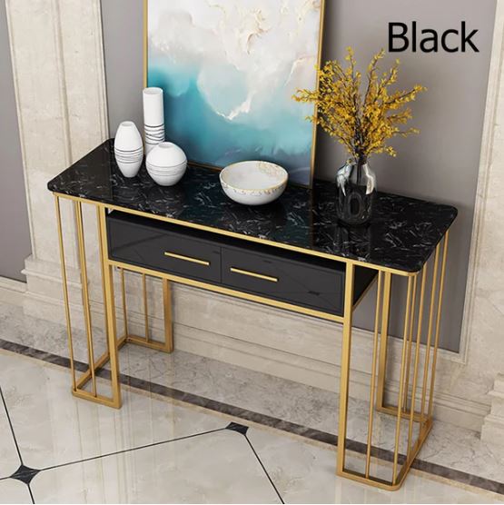 Black Modern Console Table with Storage Box Marble effect Top & Metal ...
