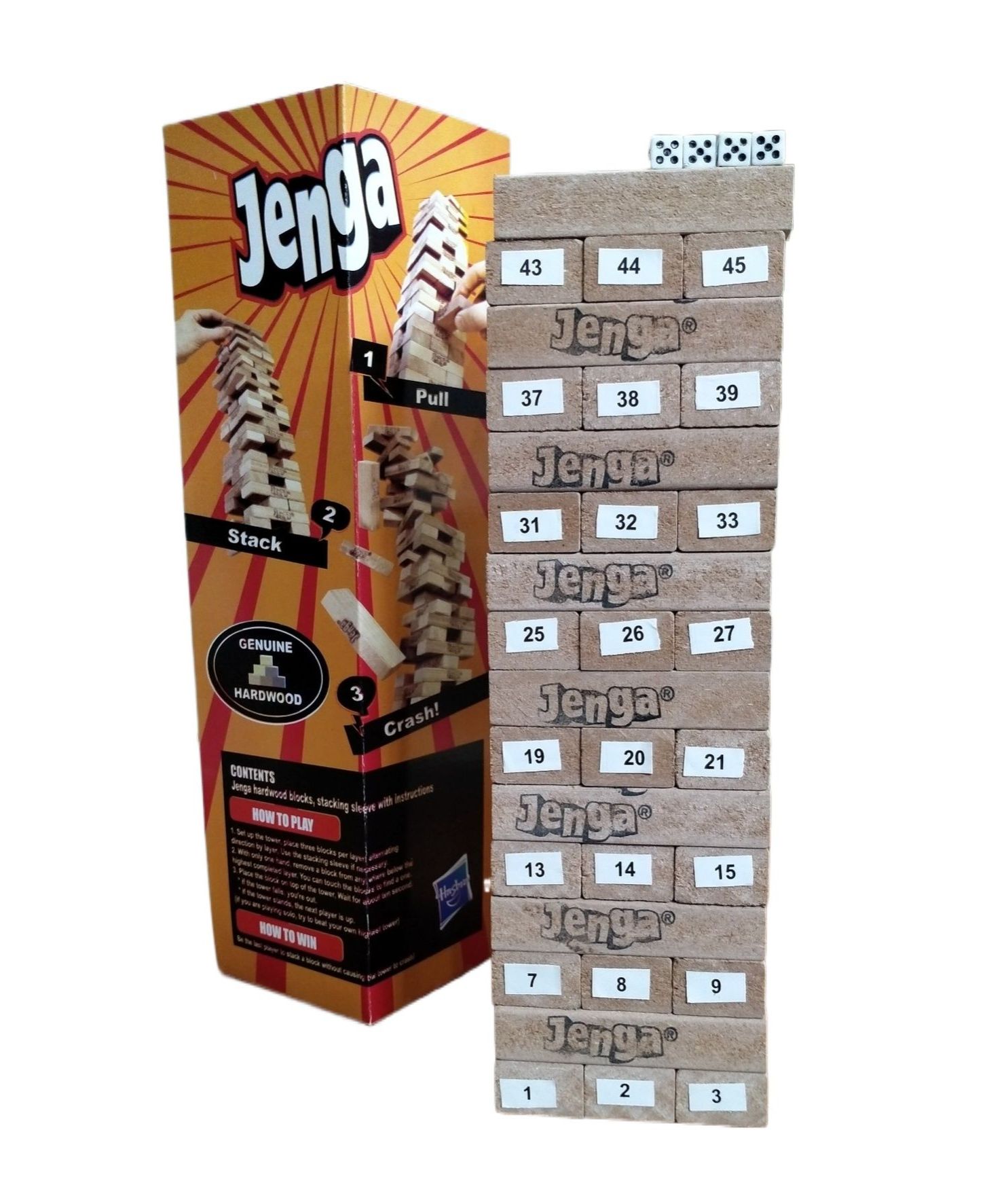 Classic Hasboro Jenga Wooden Stacking Tower with numbers and dice Game ...