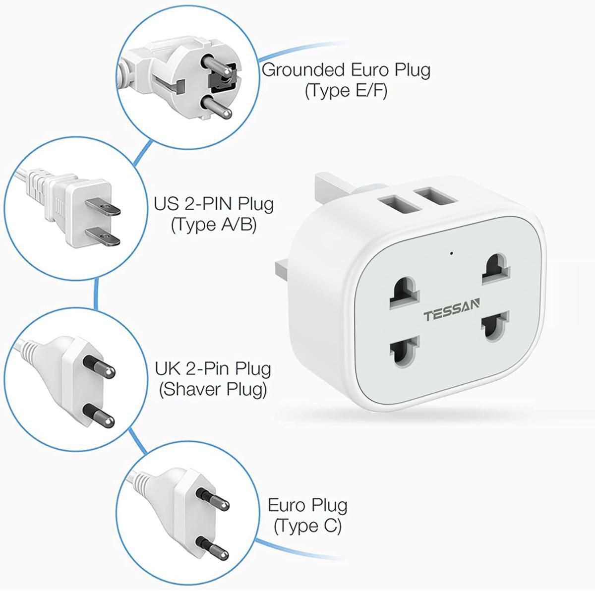 Double Shaver Plug Adaptor PK with 2 USB, TESSAN 2 Pin to 3 Pin Adapter ...