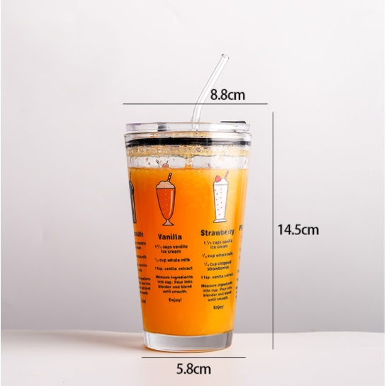 450ML Glass Cup Juice Straw Mug with Scale Transparent Graffiti Style ...
