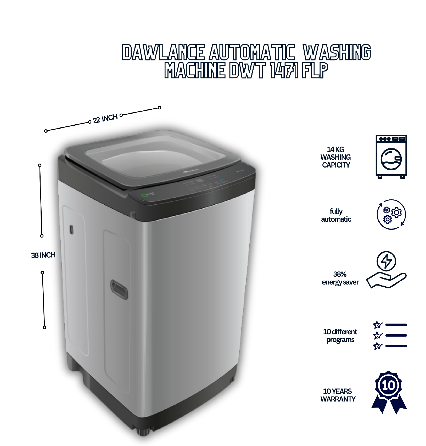 DAWLANCE 14 kg Automatic Washing Machine Model DWT 1471 FLP / Top load ...