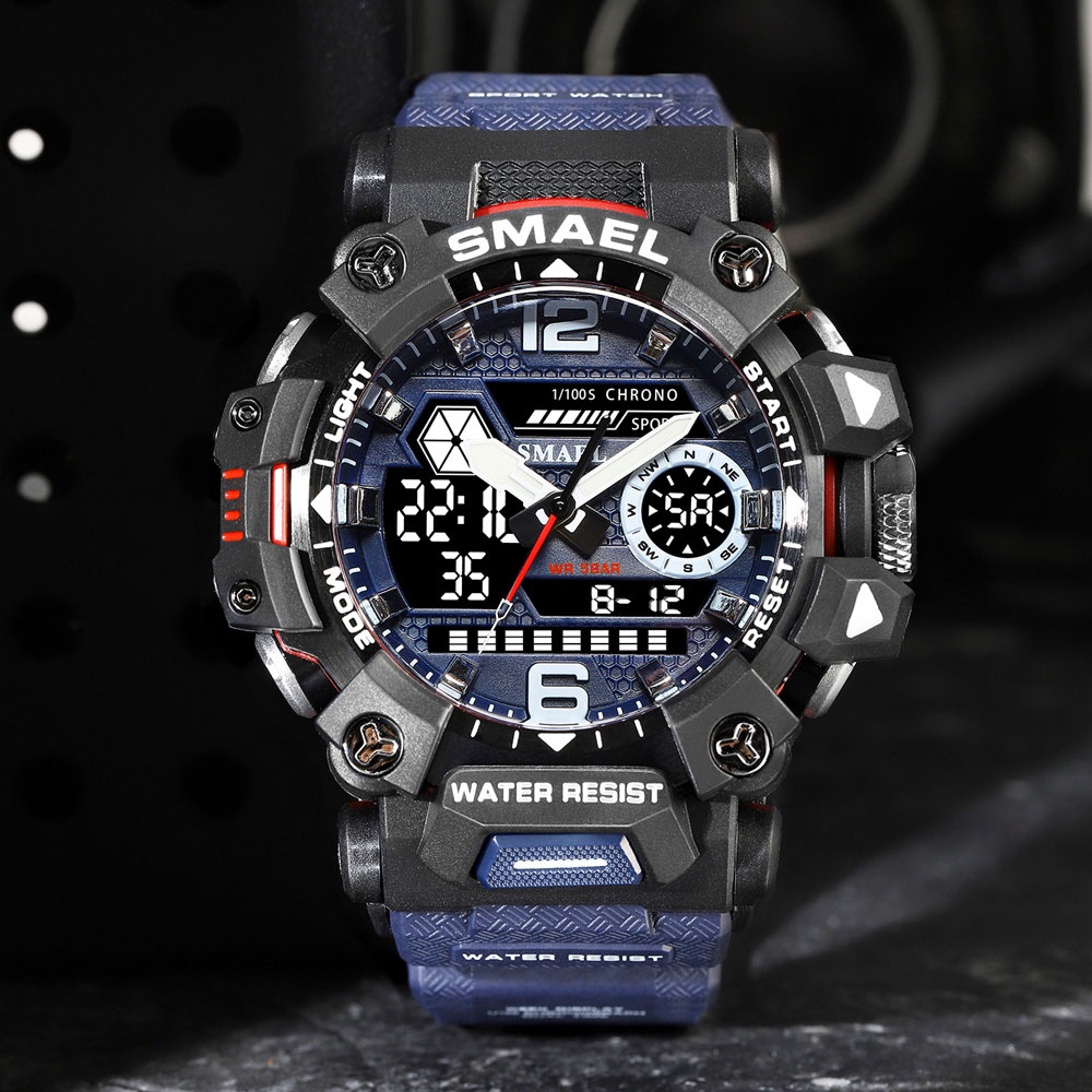 SMAEL Sport Dual Time Watches for Men Waterproof Clock Blue Back Light ...