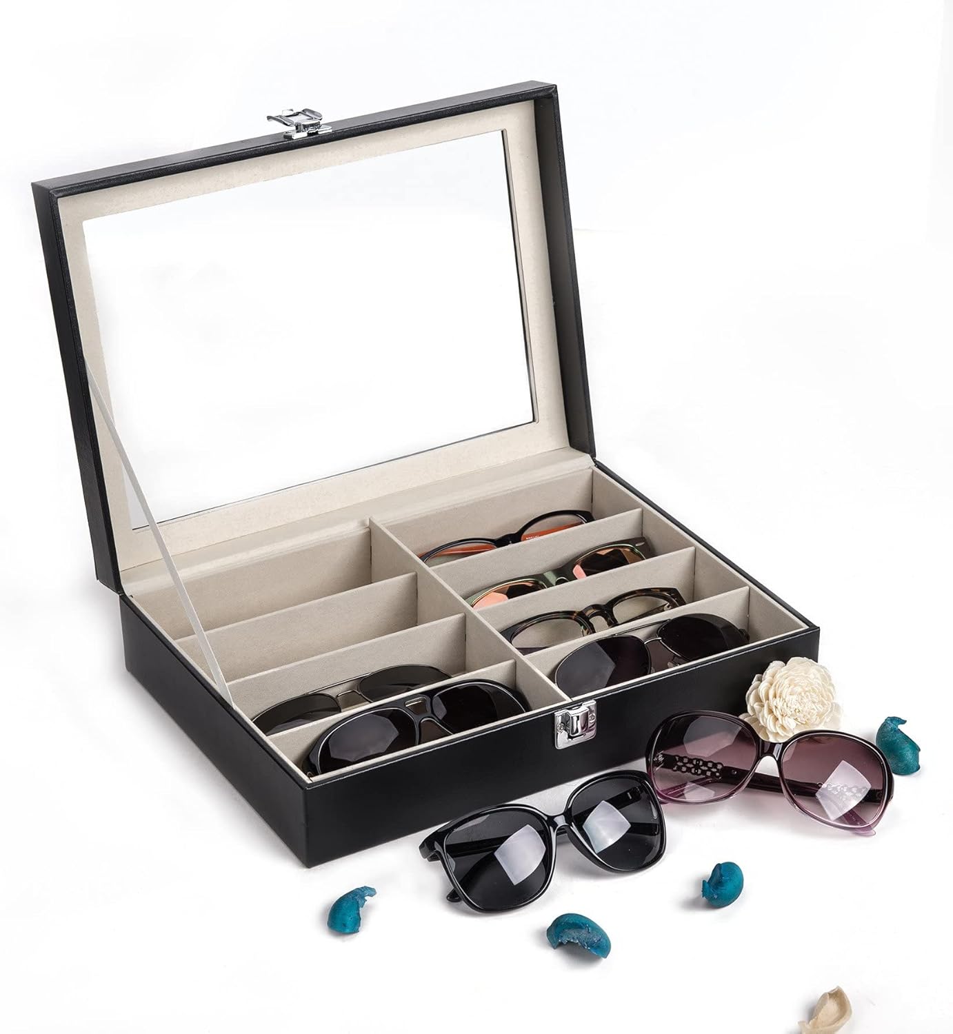 Leather Storage Box Watch Slot Box with Jewelry Display Drawer Glass ...