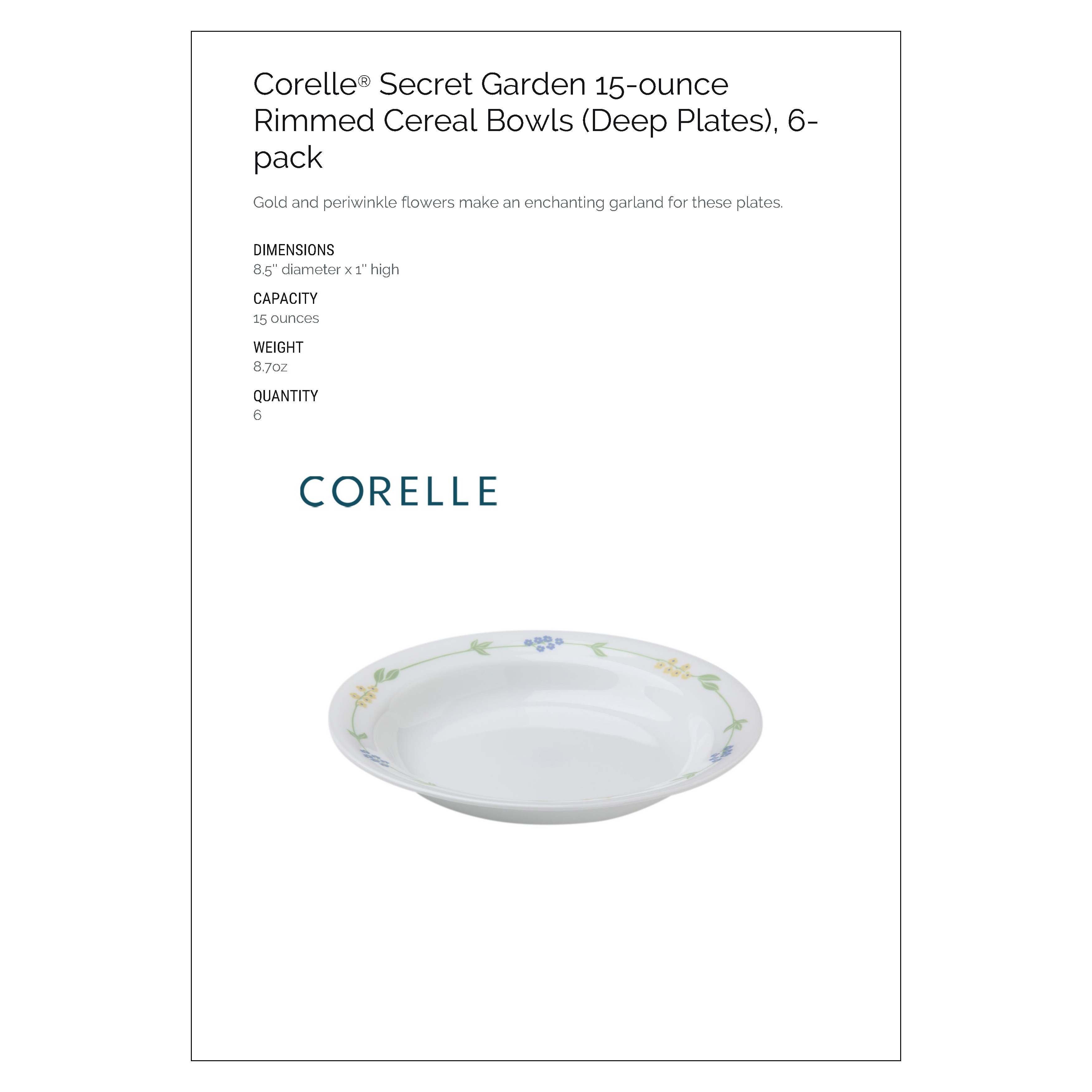 CORELLE Secret Garden Open Stock Crockery (Plates, Bowls & Serveware ...