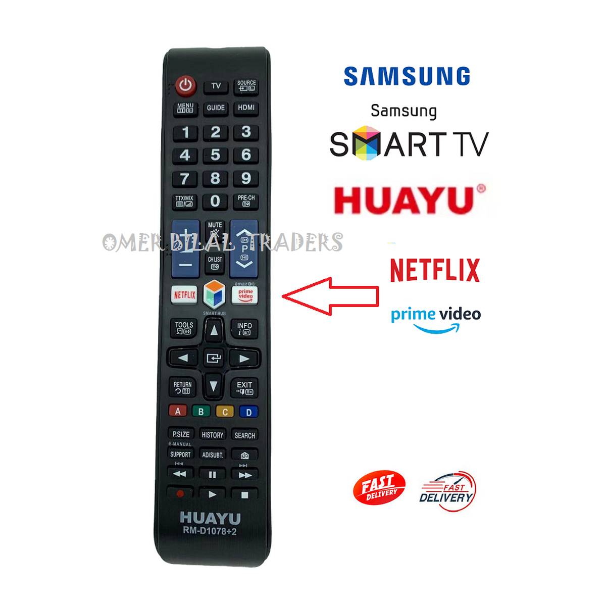 SAMSUNG Universal Remote for Smart LED TV with Netflx & Prime Video Button Huayu RM-1078 +2 ...
