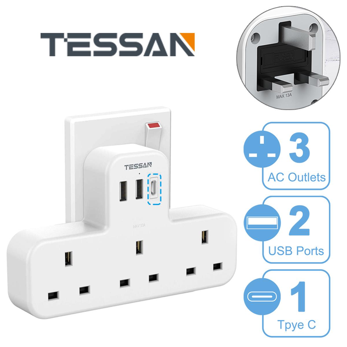 TESSAN 3 Way Plug Adapter UK with Multi USB Plug, Extension Plug with 2 ...