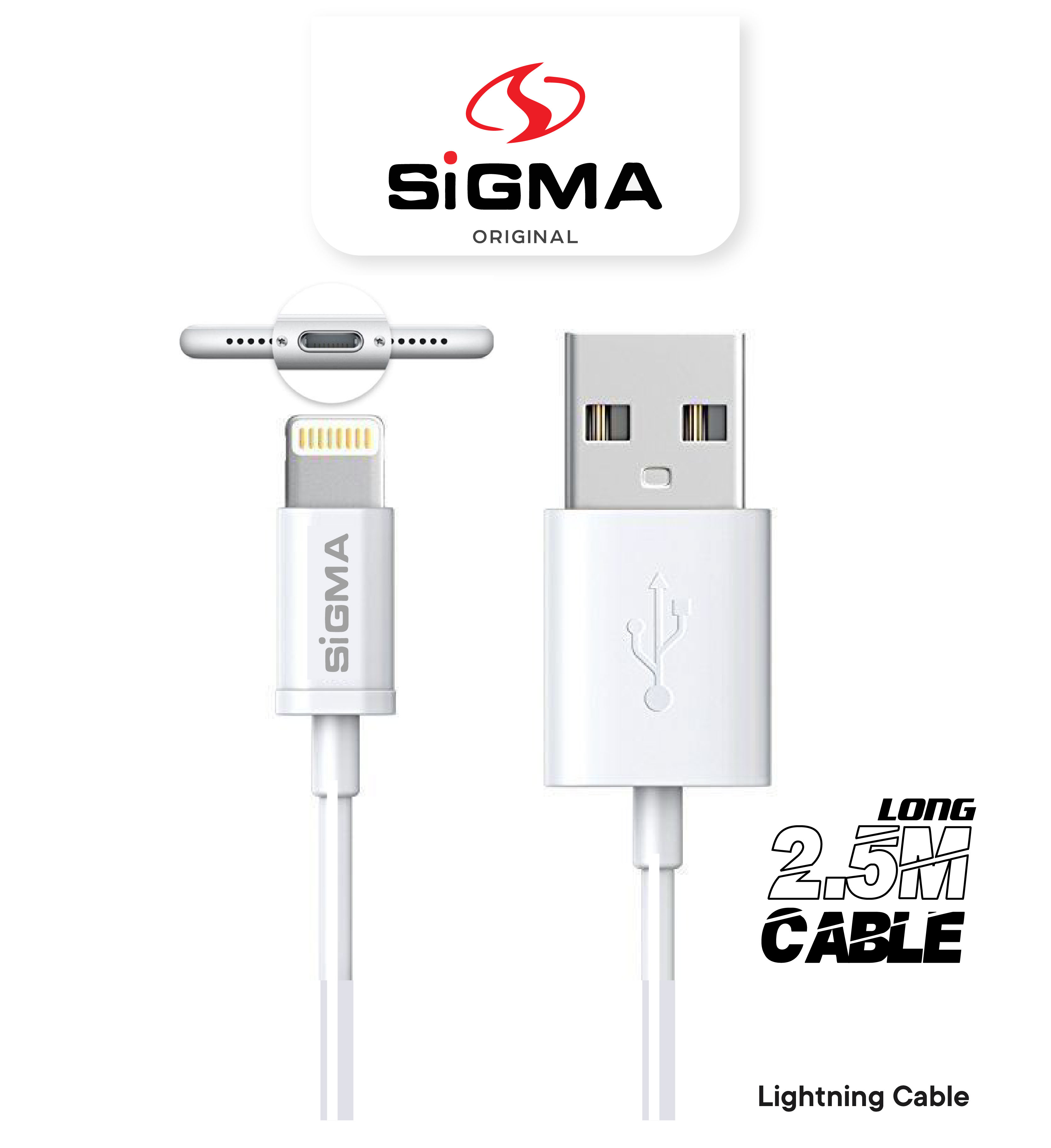 SIGMA Original Lightning Data Cable 2.5 Meter Long Cable 2.4A max ...