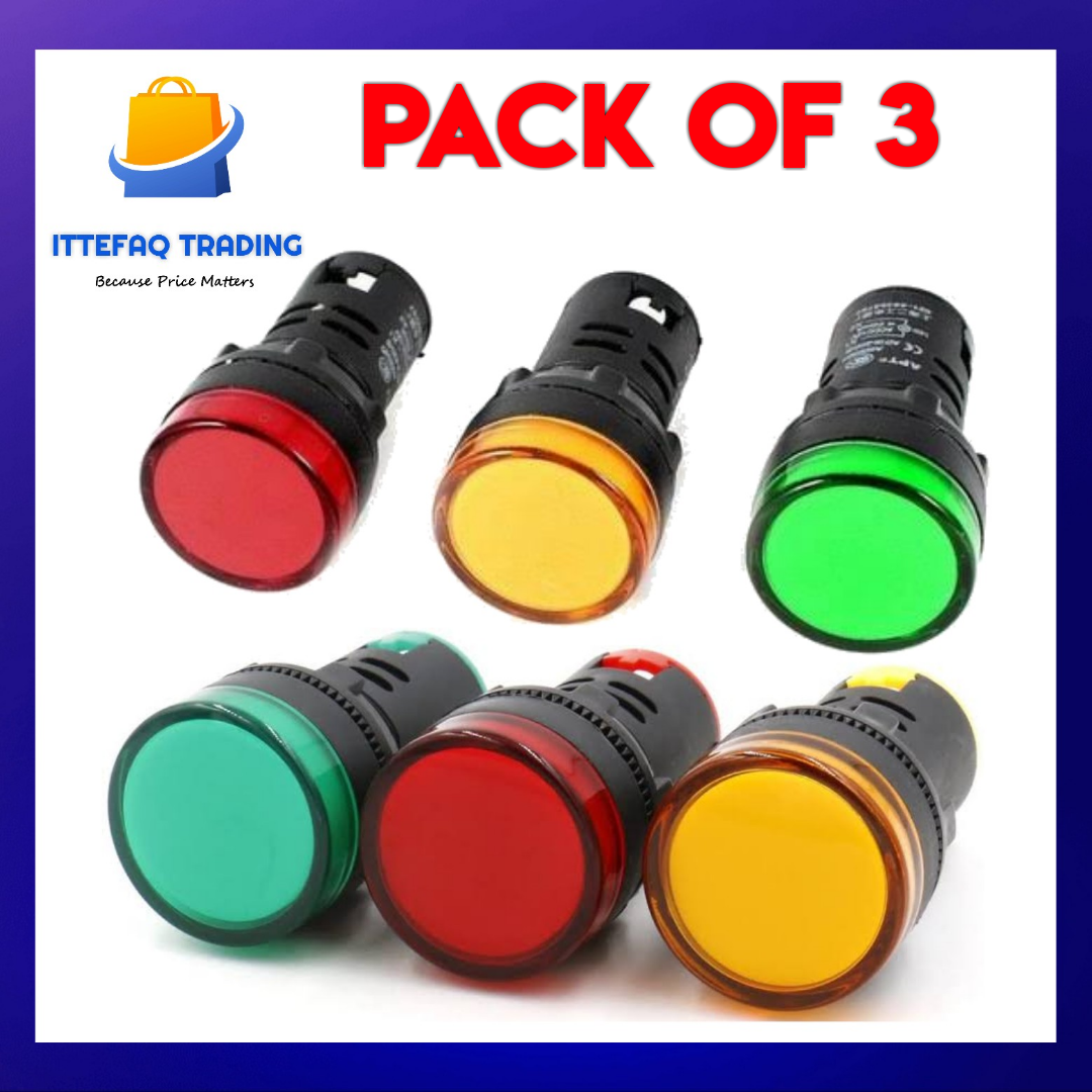 Pack of 3 Yellow Green Red 22mm LED Pilot Panel Indicator Light Panel ...