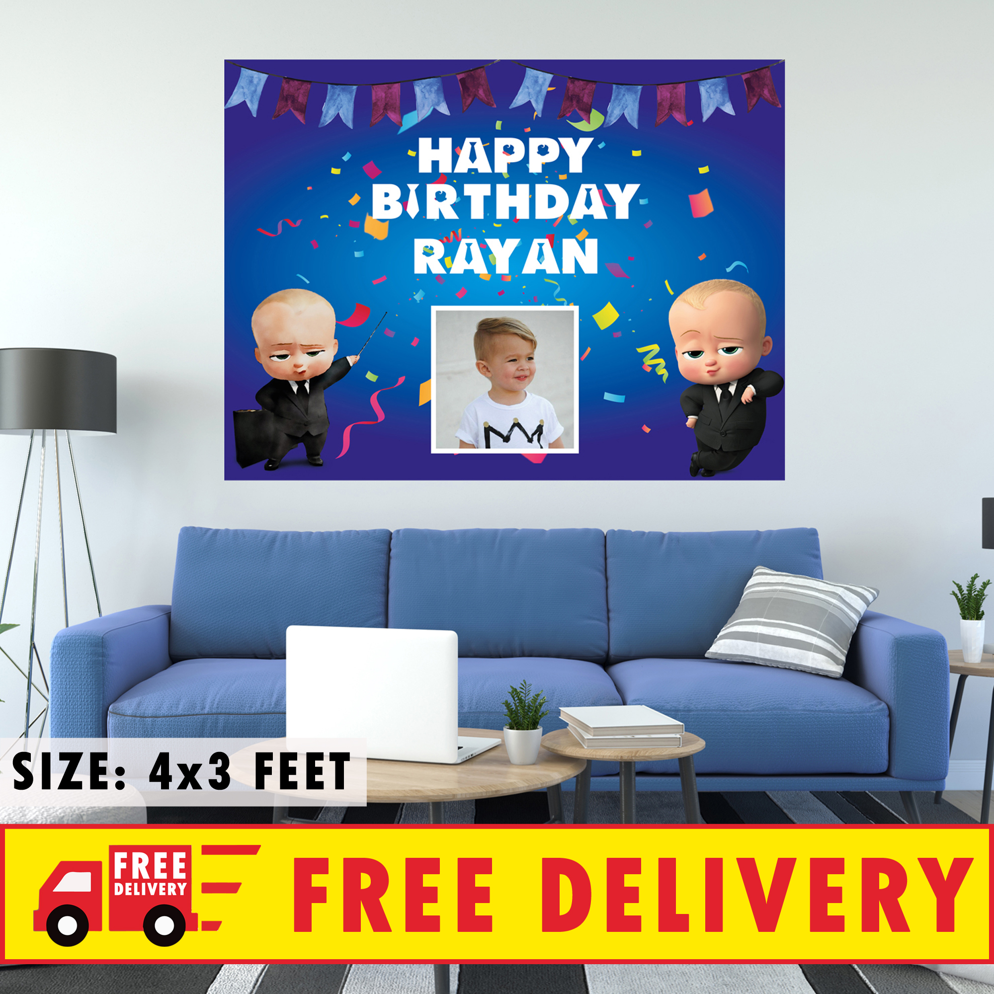 Happy Birthday Party Customized Backdrop Boss Baby Blue Theme Printed ...