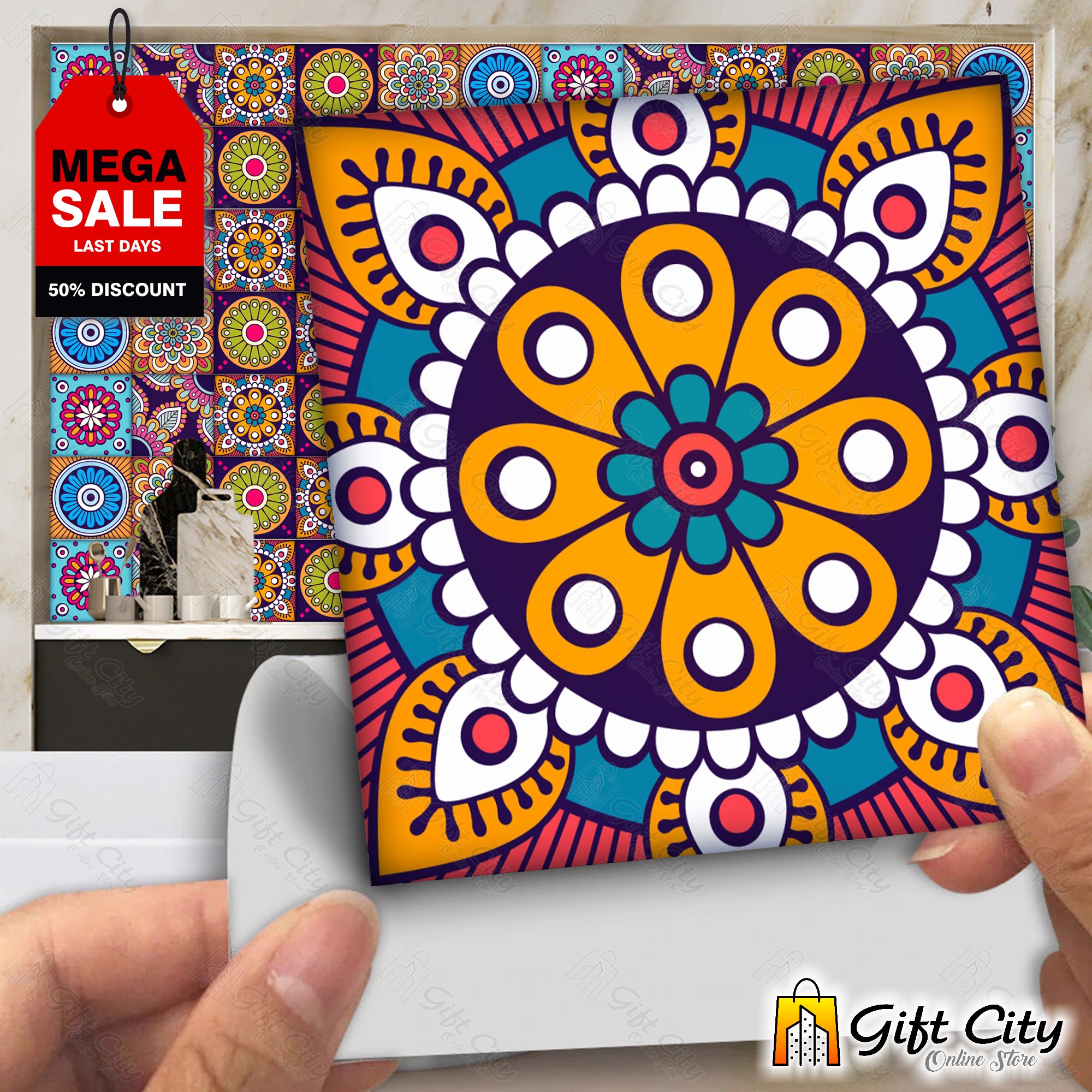 Tile Stickers Pack of 6 / 12 Pcs. 10x10 cm Colorful Mandala Pattern ...